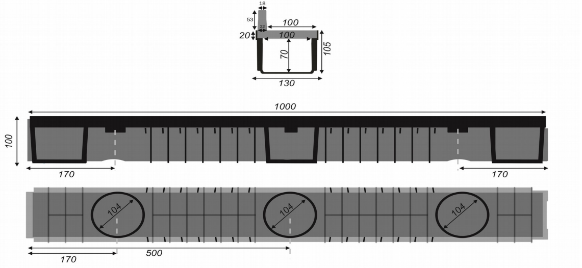 Lijngoot / Sleufgoot 1000x130x105mm 1 Meter - Technim